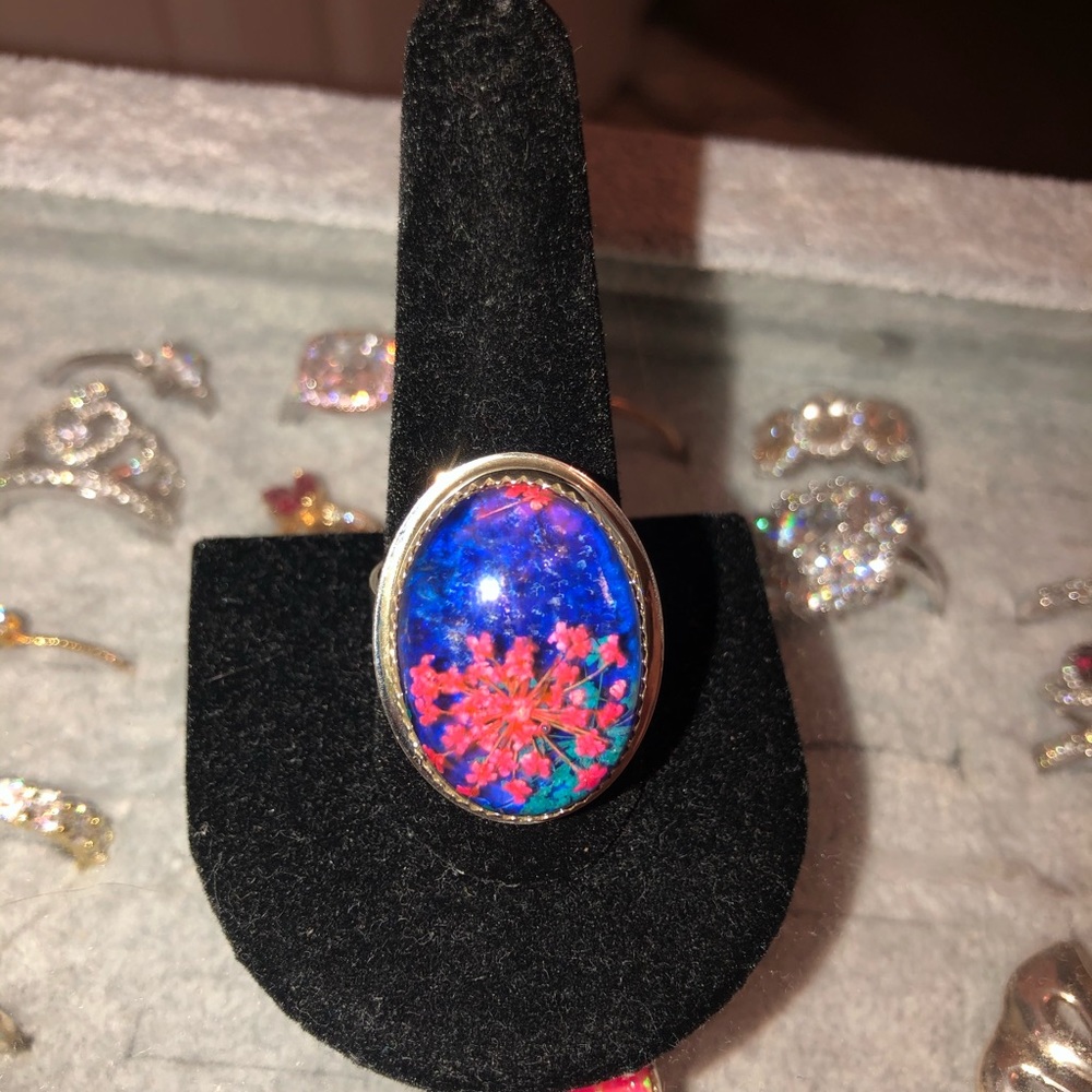 Native American Blue Quartz/Flower Ring - Gem